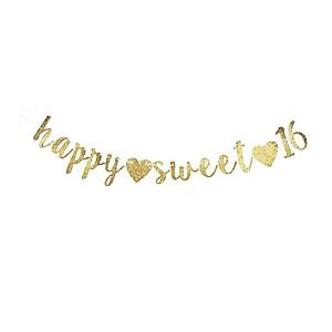 Happy Sweet 16 Banner, Girls' 16th Birthday Party Decorations Gold Glitter Paper Letters Backdrops