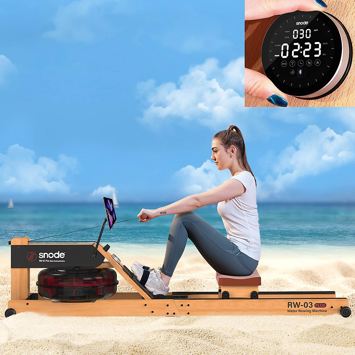 SNODE Wood Water Rowing Machine for Home Use, Foldable Rower Machine, Imported Beech Wood, Rower Machine with Bluetooth and LCD Monitor, Soft Seat