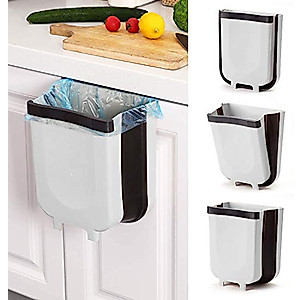 SheMarie Hanging Collapsible Trash Can - 9L Wall Mounted Foldable Waste Bin for Kitchen Cabinet Door - Quickly Clean Counter, Sink, Bathroom - RV, Car, Camping Folding Garbage Basket (White)