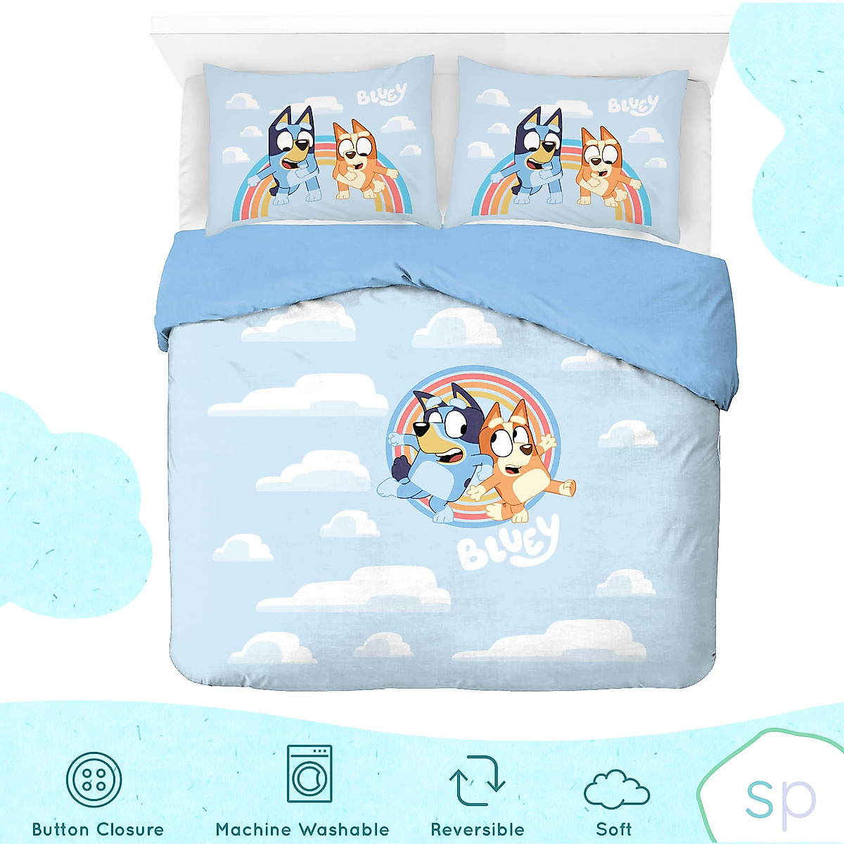 Saturday Park Bluey and Bingo Rainbow Clouds Full/Queen Duvet Cover & Sham Set - 3 Piece 100% Organic Cotton Duvet Set - GOTS & Oeko-TEX Certified