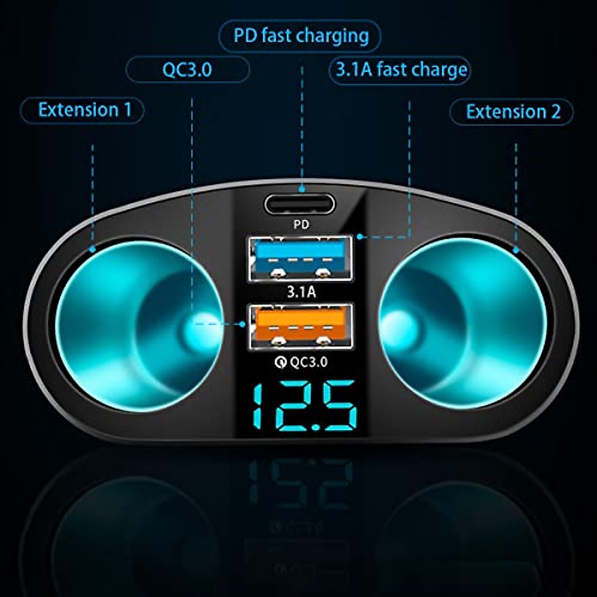 Car Cigarette Lighter Splitter, 2-Socket Cigarette Lighter Adapter with LED Voltmeter, Dual USB QC3.0 Type-C 20W PD Fast Car Charger, 12V/24V Car Splitter Adapter for Smart Phone GPS Dash Cam