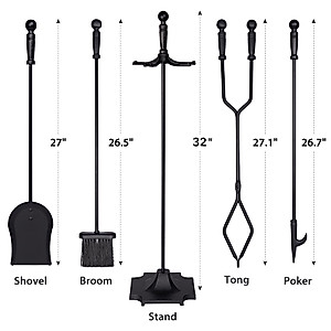 GASPRO 5-Piece Fireplace Tools Set, 32 Inch Wrought Iron Fireplace Accessories Includes Fire Poker, Shovel, Brush, Tong, and Stand, Easy to Assemble