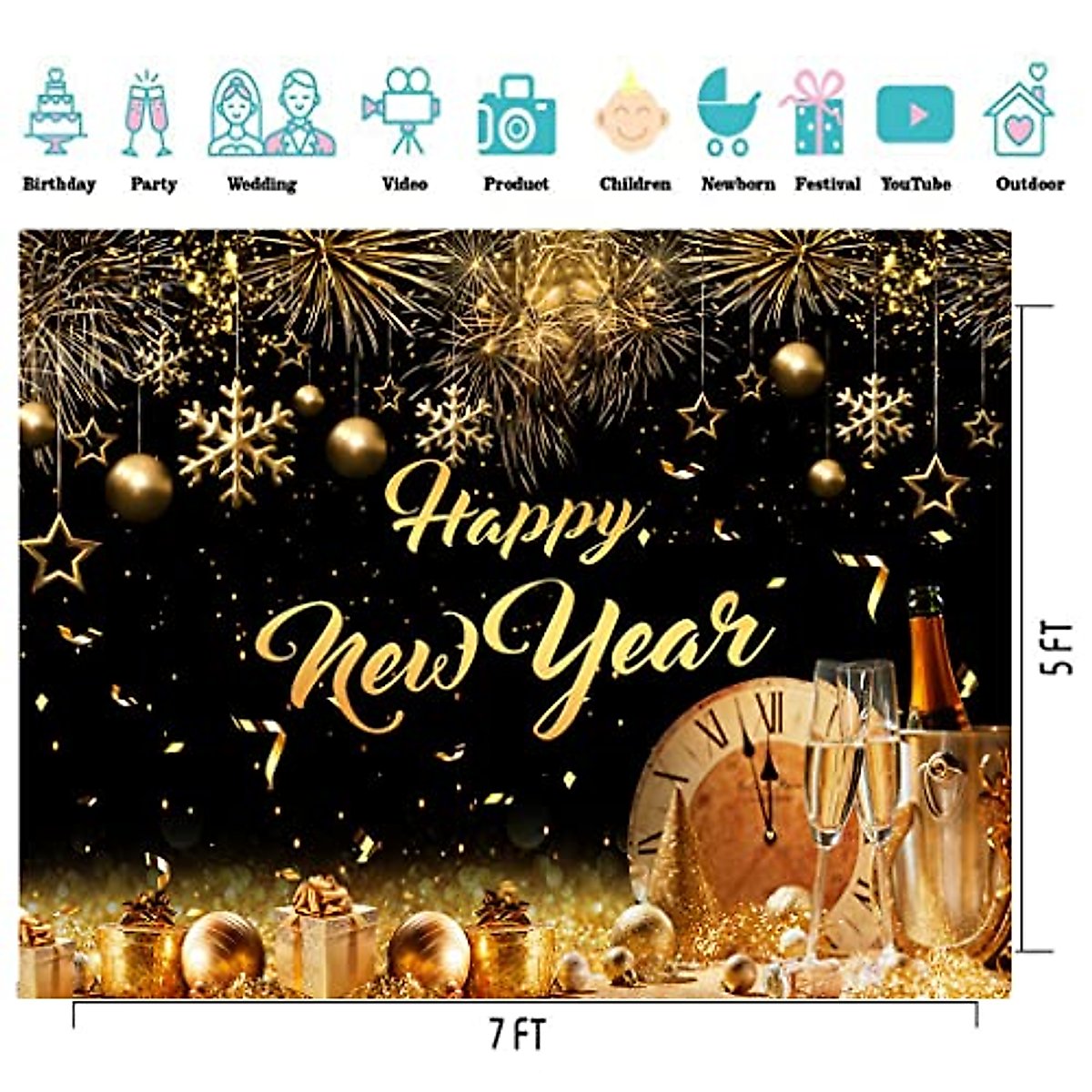 CYLYH 7x5FT New Year Backdrop 2024 Happy New Year Backdrop Golden Particles Bokeh Backdrop Black and Gold Photography Background 2024 New Year Party Backdrops for Photography