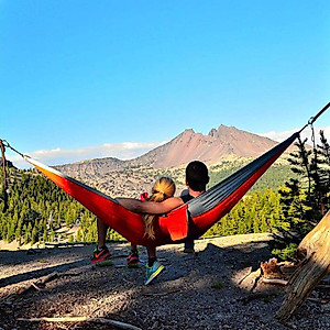 Camping Hammock, Double & Single Portable Hammocks with 2 Tree Straps and Carabiners | Easy Assembly | Lightweight Parachute Nylon Hammocks for Backpacking, Travel, Beach, Hiking (Gray/Orange)