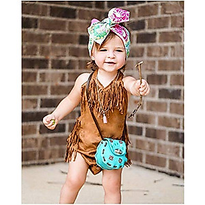 Infant Baby Girl Fringe Faux Suede Romper - Western Style Halter Sunsuit, Adjustable Straps (Brown, 6-12 Months)