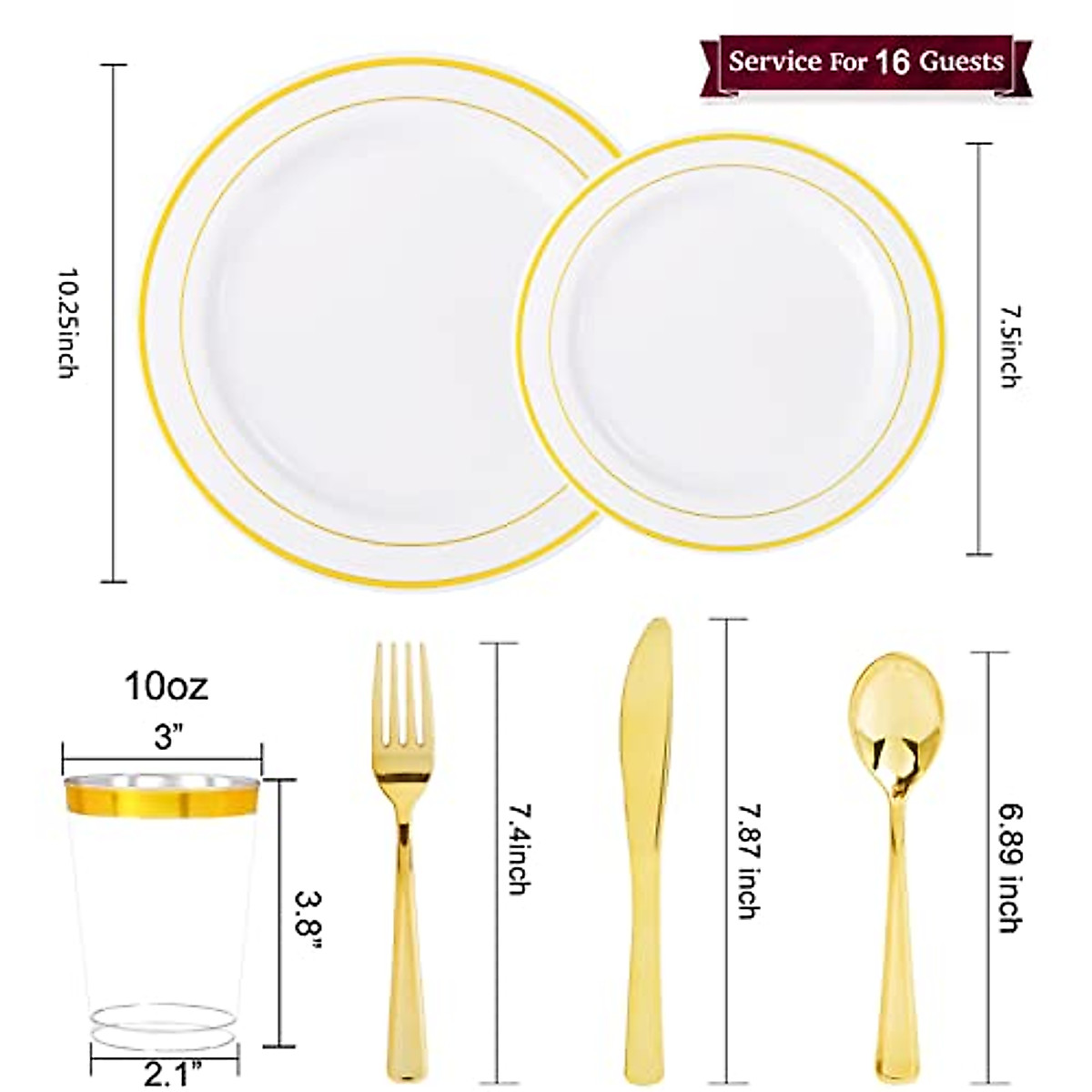 WELLIFE 96 Pcs Gold Plastic Plates, Disposable Gold Plates with Cups and Silverware, Gold Dinnerware Set Ideal Includes: 16 Dinner Plates 10.25", 16 Salad Plates 7.5", 16 Cutlery and Cups