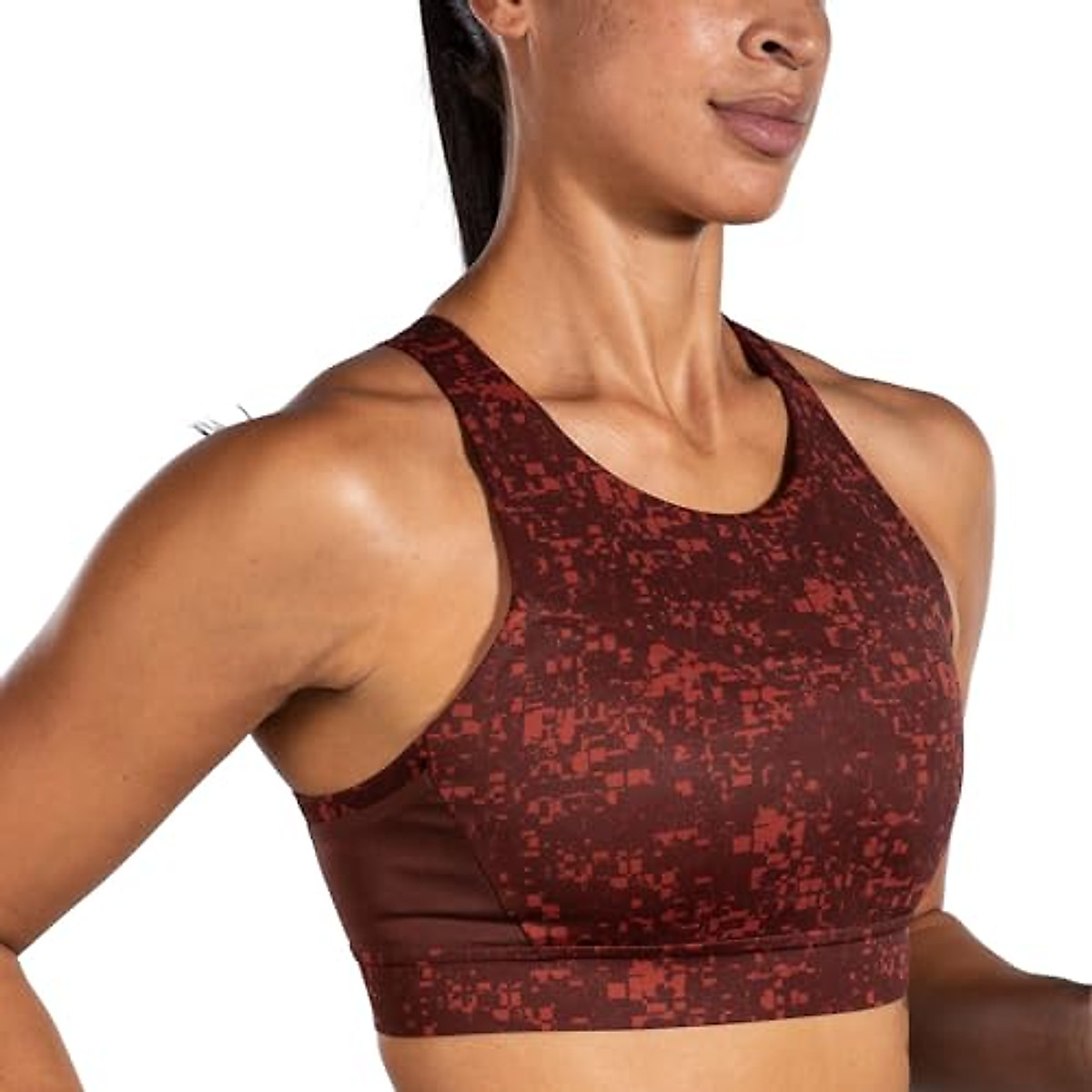 Brooks Women's 3 Pocket Sports Bra for Running, Workouts & Sports - RR Glitch Print/Copper - 34 DD/E