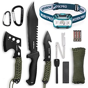 WORKPRO Camping Hatchet & Machete with Sheath, Camping Axe and Fixed Blade Hunting Knives with Paracord Handle, Headlamp, Flint, Camping Tool Set for Outdoor Hunting Survival