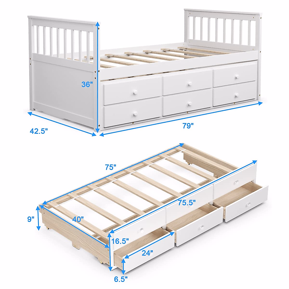 KOMFOTT Wood Twin Trundle Bed with Storage Drawers, Daybed with Trundle, No Box Spring Needed Daybed Frame, Twin Size Captain’s Bed