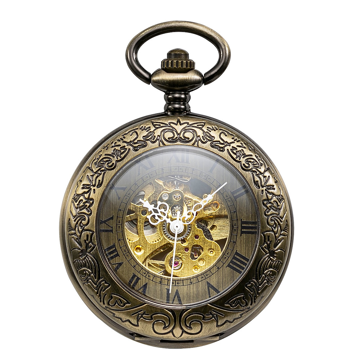 TREEWETO Automatic Mechanical Pocket Watch Magnifier Case Steampunk Skeleton Roman Numerals Dial for Men Women Bronze
