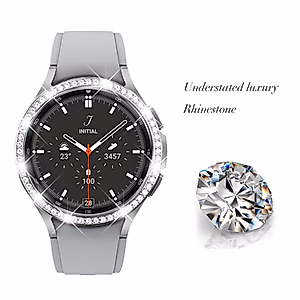 DEALELE Bezel Cover Compatible with Samsung Gear Sport/Galaxy Watch 42mm / Galaxy Watch 4 Classic (42mm), Bling Diamond Stainless Steel Metal Bezel Ring Watch Face Bumper Accessories (Silver)