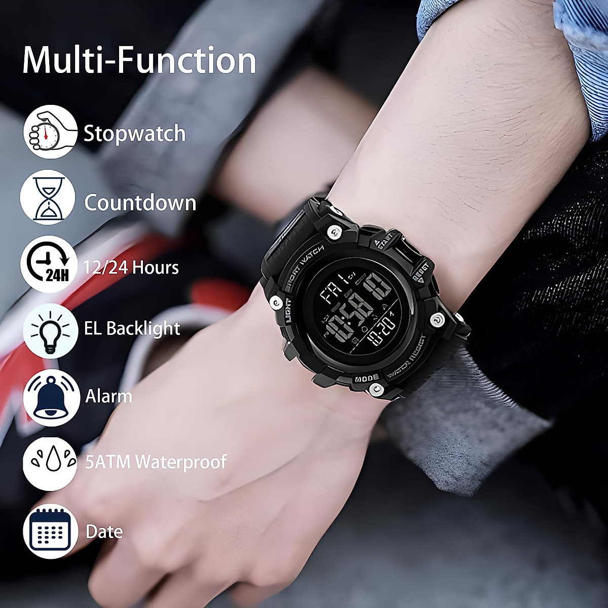 Gosasa Big Dial Digital Watch S Shock Men Military Army Watch Water Resistant LED Sports Watches (A Black)