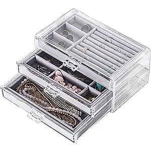 Cq acrylic Earring Jewelry Organizer with 3 Drawers Clear Acrylic Jewelry Box for Women,Stackable Velvet Earring Display Case Earrings Ring Bracelet Necklace Holder Gift for Women, Grey