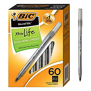 BIC Round Stic Xtra Life Ballpoint Pens, Medium Point (1.0mm), Black, 60-Count Pack, Flexible Round Barrel For Writing Comfort (GSM609-BLK)