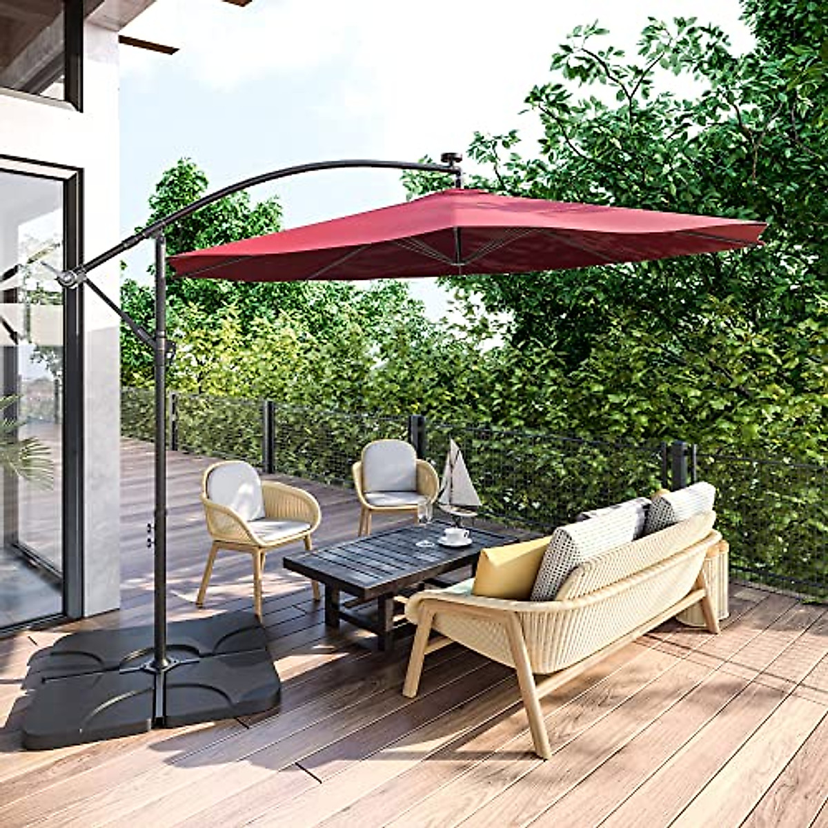 BELLEZE 10FT Patio Umbrella with Cross Base, Offset Hanging Umbrella with Tilt Crank and 8 Ribs, UV Protection Outdoor Cantilever Umbrella for Market Garden Deck Backyard Pool Beach Pool - Red