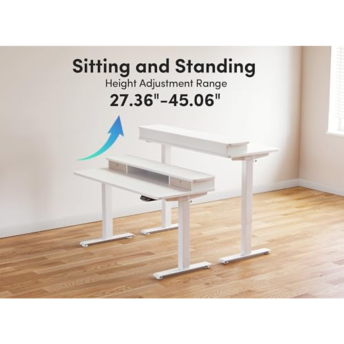 BANTI 40x24 Inch Electric Standing Desk with Double Drawers, Adjustable Height Stand Up Desk, Sit Stand Home Office Desk with Storage Shelf, White Top