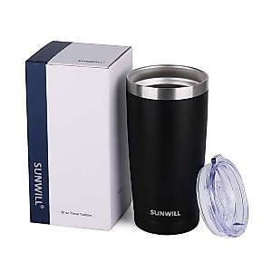 SUNWILL 20oz Tumbler with Lid, Stainless Steel Vacuum Insulated Double Wall Travel Tumbler, Durable Insulated Coffee Mug, Powder Coated Black, Thermal Cup with Splash Proof Sliding Lid