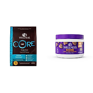 Wellness Food + Supplement Bundle: CORE Natural Grain Free Dry Dog Food, Ocean Whitefish, 12-Pound Bag Skin & Coat Soft Chew Supplement Barkin' Bacon Flavored for Dogs, 45 Count