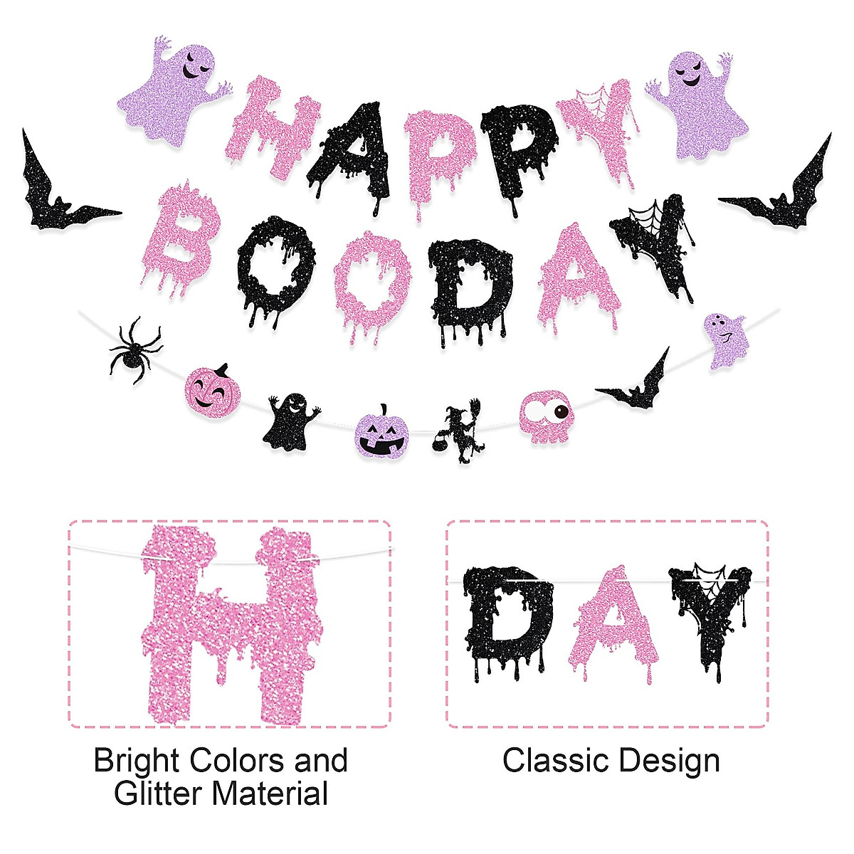 Amandir 120Pcs Pink Purple Halloween Birthday Party Decorations, Happy Boo Day Glitter Banner Ghost Bat Foil Balloons Garland Arch kit Cake Topper for Girl Kids Halloween Baby Shower Supplies