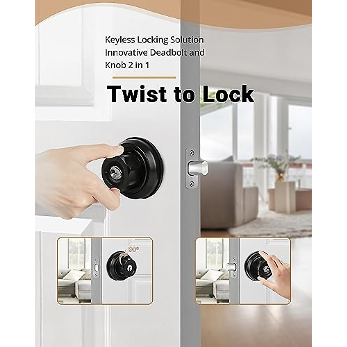 EASILOK Deadbolt Lock, E4 Twist-to-Lock Front Door Lock Keyless Heavy Duty Single Cylinder Deadbolt High Security with Unpickable Night Latch &Anti-Mislock Button, Zinc Alloy, Black