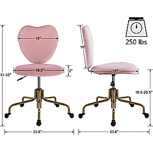 VESCASA Adjustable Swivel Home Office Desk Chair with Cute Heart Shape Design Back, Comfy Velvet Task Chair with Wheels, Small Computer Chair Without Arms for Girls Bedroom/Living Room, Light Pink