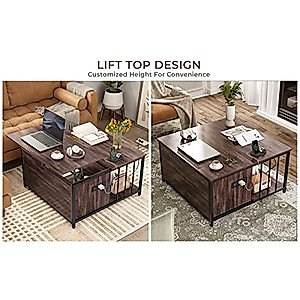AOGLLATI Lift Top Coffee Table with Storage and Hidden Compartment, Farmhouse Square Coffee Table with Charging Station, Wood Lift Tabletop Central Table for Living Room, Reception Room, Retro Brown