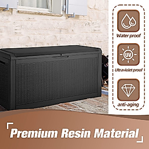 Flamaker Deck Box with Cushion 100 Gallon Resin Waterproof Storage Box Large Outdoor Storage Bench for Patio Cushions, Toys, Pool Accessories (Black)