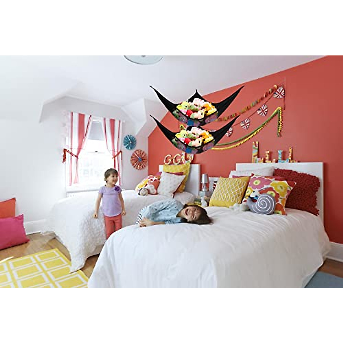 KanYool Stuffed Animal Net, Jumbo Stuffed Animal Toy Hammock Hanging Stuff Animals Organizer Storage Net Boho Large Corner Plush Toys Net Holder for Nursery Play Room Bedroom Kid Room 2 Pack Black