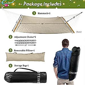 Double Hammock, 11 FT Quilted Fabric 2 Person Hammock for Outside with Pillow, Folding Curved Spreader Bar, Chains, Carrying Bag, Indoor Outdoor, 450 IB Capacity, Royal Blue