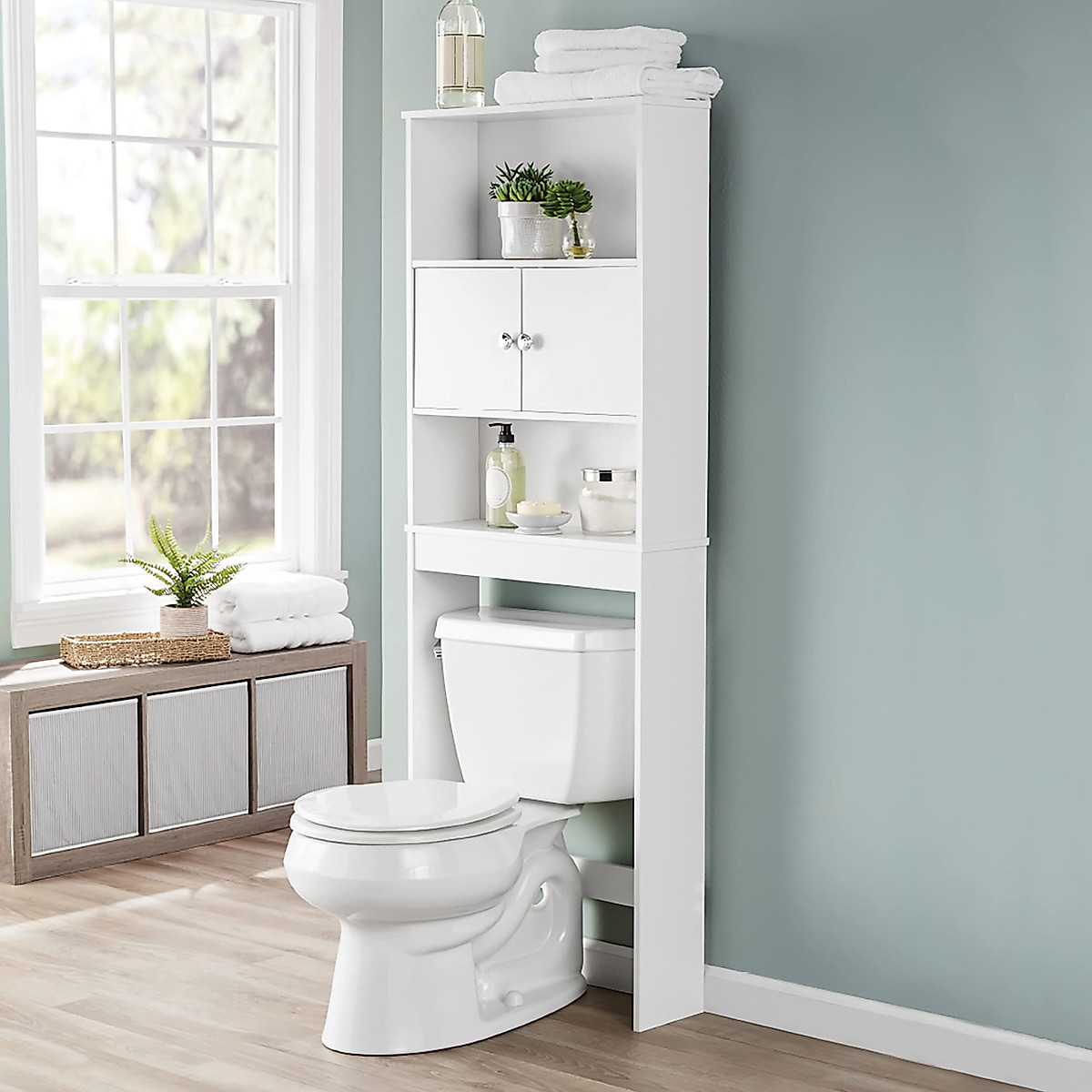 JUANMAO Bathroom Triple Shelf Storage Cabinet, Over The Toilet Storage, White