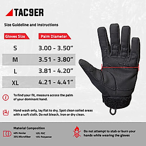 TAC9ER Kevlar Lined Gloves - Full Hand Protection Black Gloves, Cut and Temperature Resistant, Motorcycle Gloves, Touchscreen Friendly, Paintball and Airsoft Gloves for Men and Women