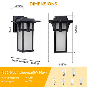 EERU Porch Lights Wall Mount Outdoor Wall Lantern Waterproof Aluminum with Frosted Glass Exterior Light Fixtures Modern Classic Outdoor Wall Lights for Outside House Deck Patio Garage Lighting, Black