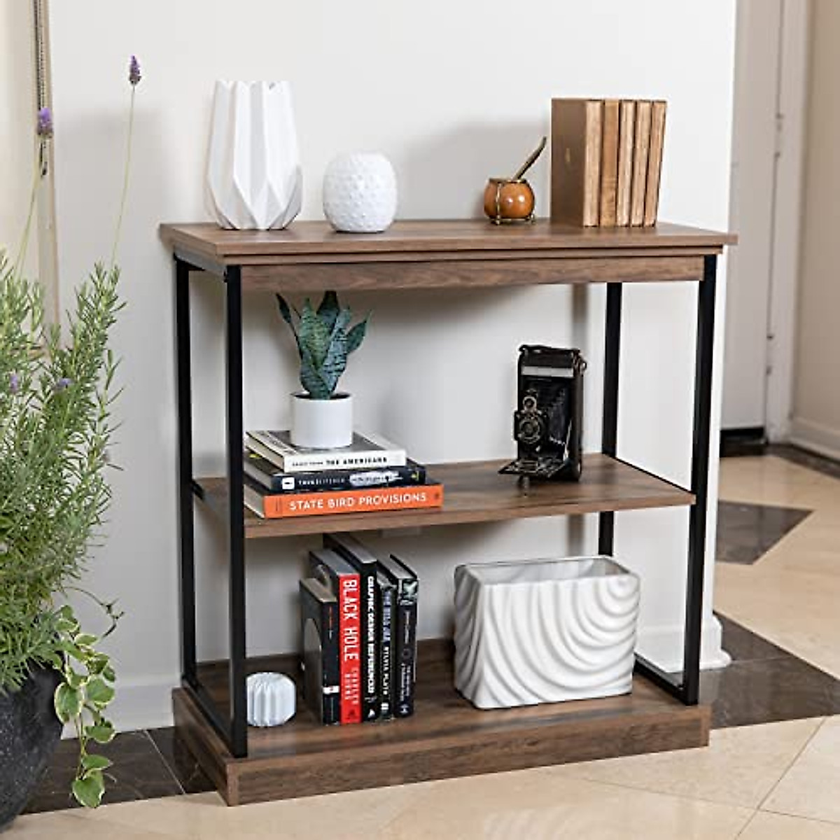 Danya B. Oslo Contemporary Industrial Horizontal 3-Tier Etagere Bookshelf – Standing Open 3-Shelf Bookcase Unit – Black Iron Metal & Maple Finish