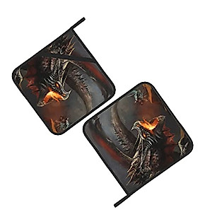 Knight Fighting Dragon Kitchen Pot Holders Hot Pad, Potholders Hot Pads for Kitchen,Washable Pot Holder Oven Mitts,Heat Resistant Hot Pad Kitchen Decor Accessories for Cooking and Baking（2 Sets