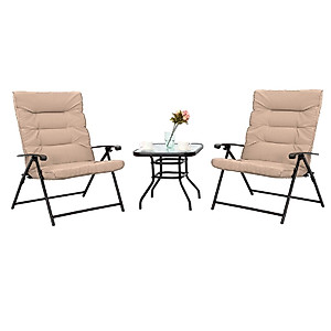 Sophia & William Padded Folding Chairs Set 3 PCS Outdoor Adjustable Patio Reclining Lounge Chairs Bistro Furniture Set with Table for Patio Balcony Porch Garden, Beige