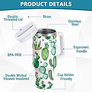 MCHIVER Cactus Succulent Floral 30 oz Tumbler with Handle and Straw Stainless Steel Vacuum Water Bottle Leak-proof Travel Coffee Mug Insulated Tumbler for Home Car Office
