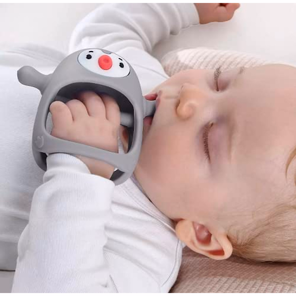 Wearable Soothing Teether, Penguin Buddy Never Drop Silicone Baby Teething Toy, Baby Chew Toys for Sucking Needs, Hand Pacifier for Breast Feeding Babies, Car Seat Toy for New Born (Baby Blue)