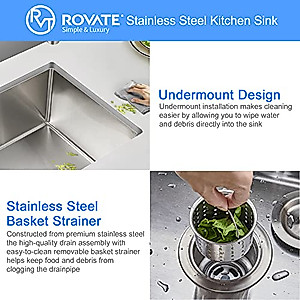 Bar Sink, ROVATE 15 x 17 inch Undermount Bar Sink, Handmade Single Bowl T-304 Stainless Steel Small Kitchen Sink with Strainer
