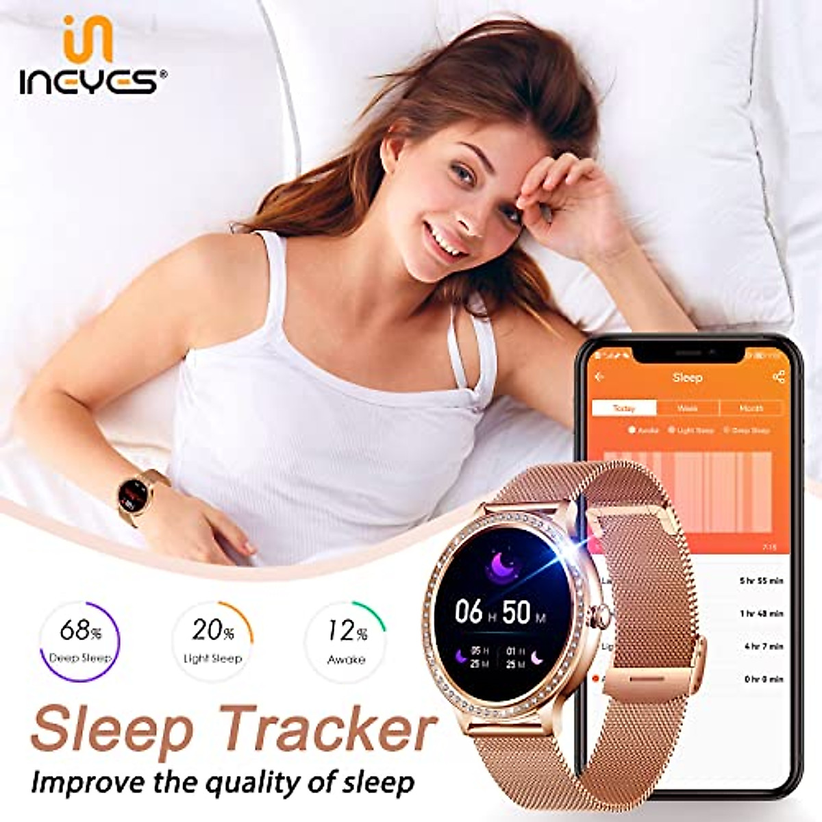 INEYES Smart Watches for Women with Diamonds (Answer/Make Call), 1.32" HD Smartwatch with AI Voice for iPhone Samsung Android Phones, Fitness Tracker with Heart Rate Sleep Ovulation Period Monitor