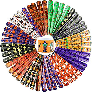 ELCOHO 48 Pieces Halloween Slap Bracelets Toys Assorted Halloween Designs Snap Bracelets Wristbands for Craft Halloween Party Favors Exchanging Gifts