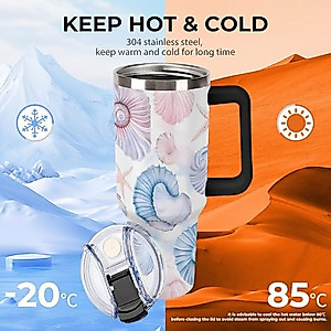 Watercolor Seashell Pattern Insulated Tumblers with Handle Stainless Steel Coffee Mug Funny Travel Cup with Lid Straw 40oz