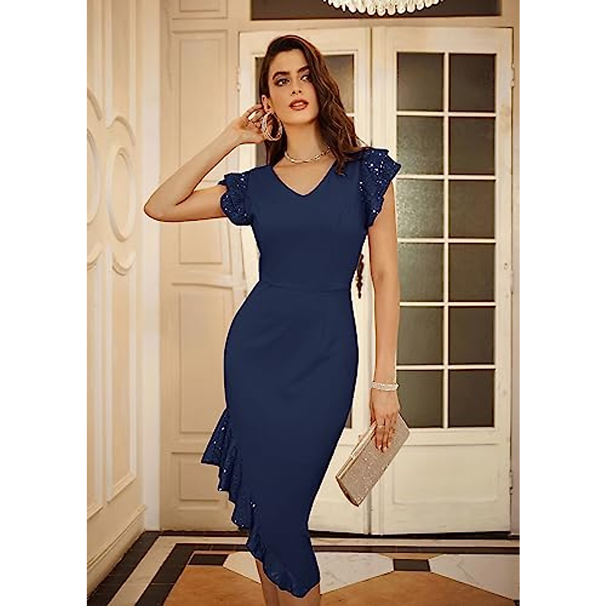 GRACE KARIN Women's 2023 Summer Dress Short Sleeve V Neck Wedding Guest Midi Dress M Navy Blue