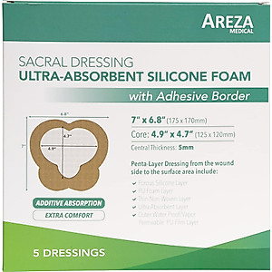 Areza Medical - Ultra-Absorbent Silicone Foam Wound Dressing - Waterproof - with Adhesive Border - sterile - designed for Sacral Wounds - 7" X 6.8" - 5 PCS Per Box