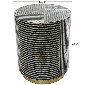 Deco 79 Mother of Pearl Shell Geometric Drum Accent Table with Gold Base, 18" x 18" x 23", Black