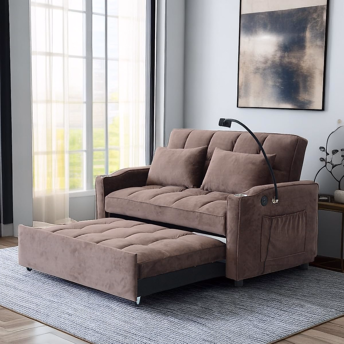 Redde Boo 3 in 1 Convertible Sleeper Sofa Bed, Modern Velvet Recliner Futon Sofa Pullout with Adjustable Backrest, Storage Bag and Pillows for Living Room, Bedroom (Brown, with Cell Phone Holder)