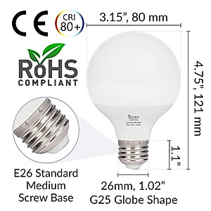 Simba Lighting LED Vanity Globe G25 (G80) Light Bulb for Bathroom, Makeup Mirror | Decorative White Frosted Cover, 8W, 60W Equivalent, 120V, Standard E26 Medium Base, Warm White 2700K, Pack of 3