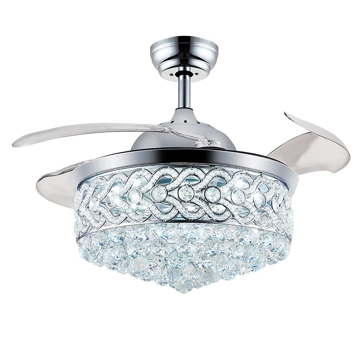 42 Inch Chandelier Crystal Ceiling Fan with Light Remote Dimmable Fandelier Ceiling Fan with Light Color Change 6 Speed Retractable Blades Ceiling Fan Light for Bedroom Indoor Living Room Chrome