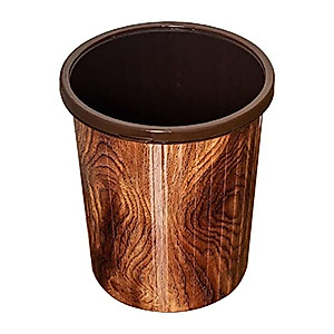 Angoily Trash Can with Pressing Ring 10L Imitation Wood Grain Waste Basket Garbage Can Rubbish Bin Flower Pot Toys Bucket for Home Office Brown