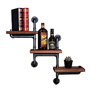 FOTEE Industrial Bookshelf Pipe Shelves 3 Tiers, Rustic Wood Shelf Wall Mounted, Metal Corner Hung Bracket Shelving Floating Shelves Home Decor Shelf,Black