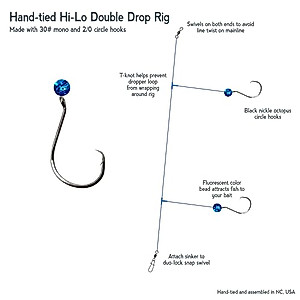 3 Pack '2/0' Bead Rig Surf Fishing Hi-Lo Double Drop Hand-Tied 30LB Mono (Ocean Blue)